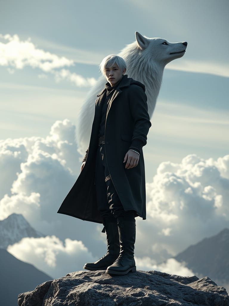 giant silver wolf - Heroic Man with Wolf in Dark Fantasy Sty...