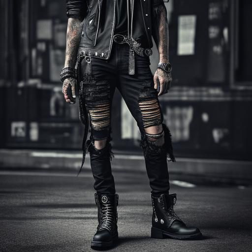 Emo teen black punk hair Slashed shirt Ripped jeans Big black boots ...