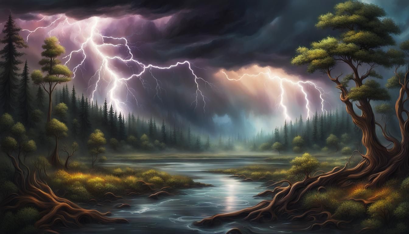 fantasy wilderness landscape, lightning storm, ominous dark clouds ...