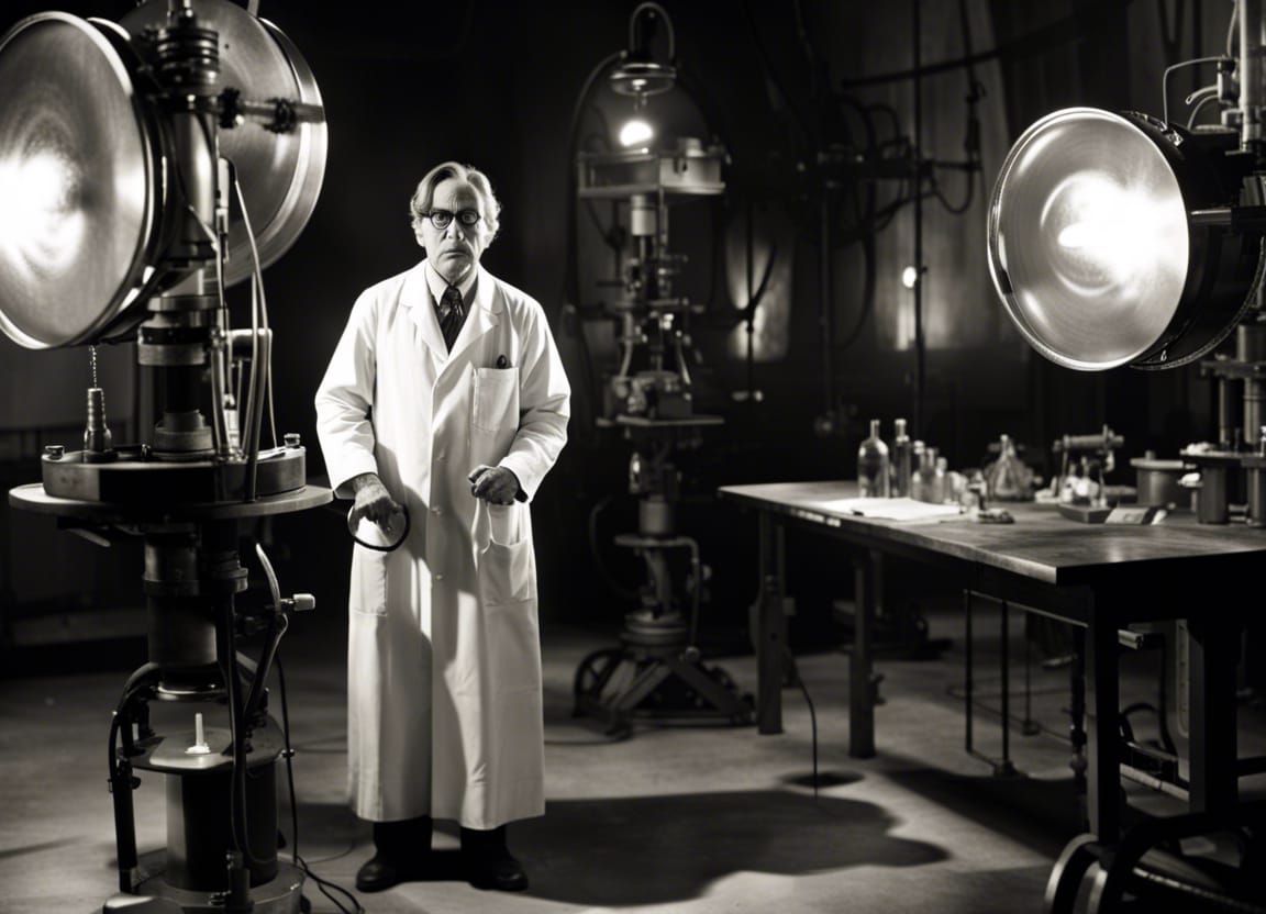 still photo from a 1930s horror movie, an extatic mad scientist is ...