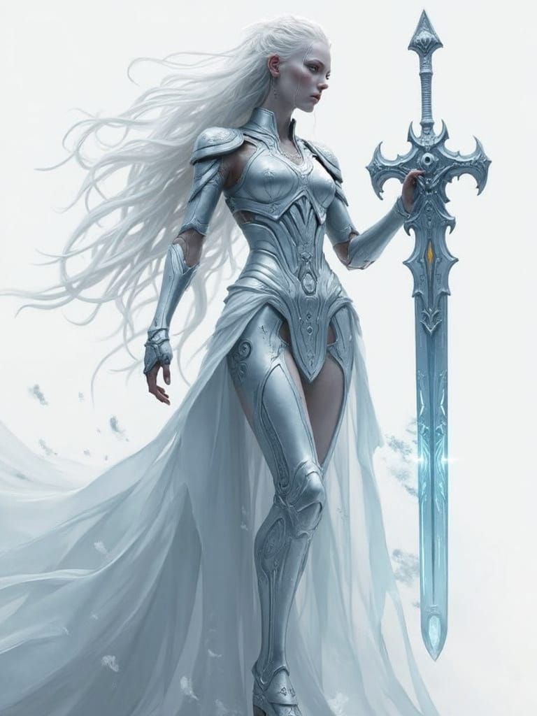 Cyberpunk Goddess Stands with Majestic Silver Swor... - AI Art