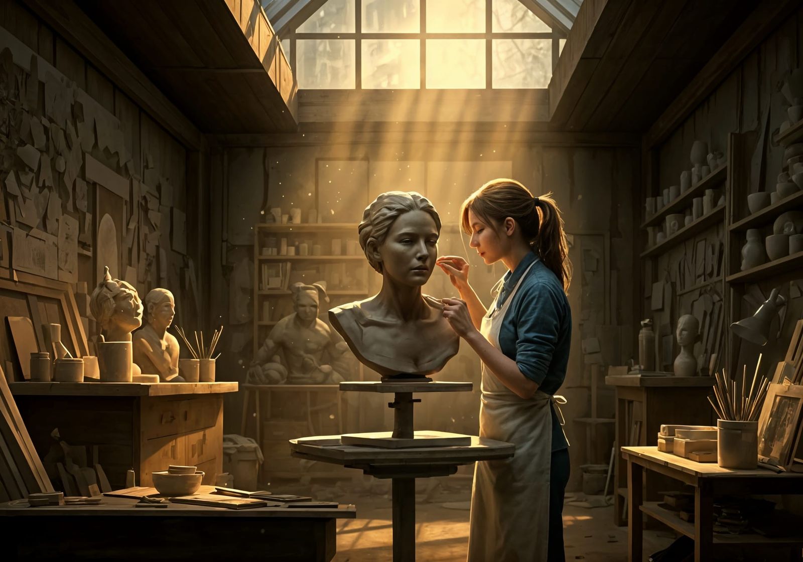 Sculpter in her studio creating a life size clay bust of herself ...