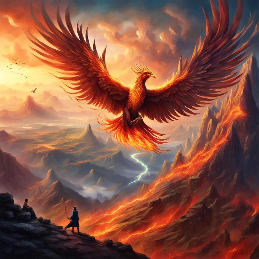 an image of a phoenix flying over a mountain and a man standing on the ...
