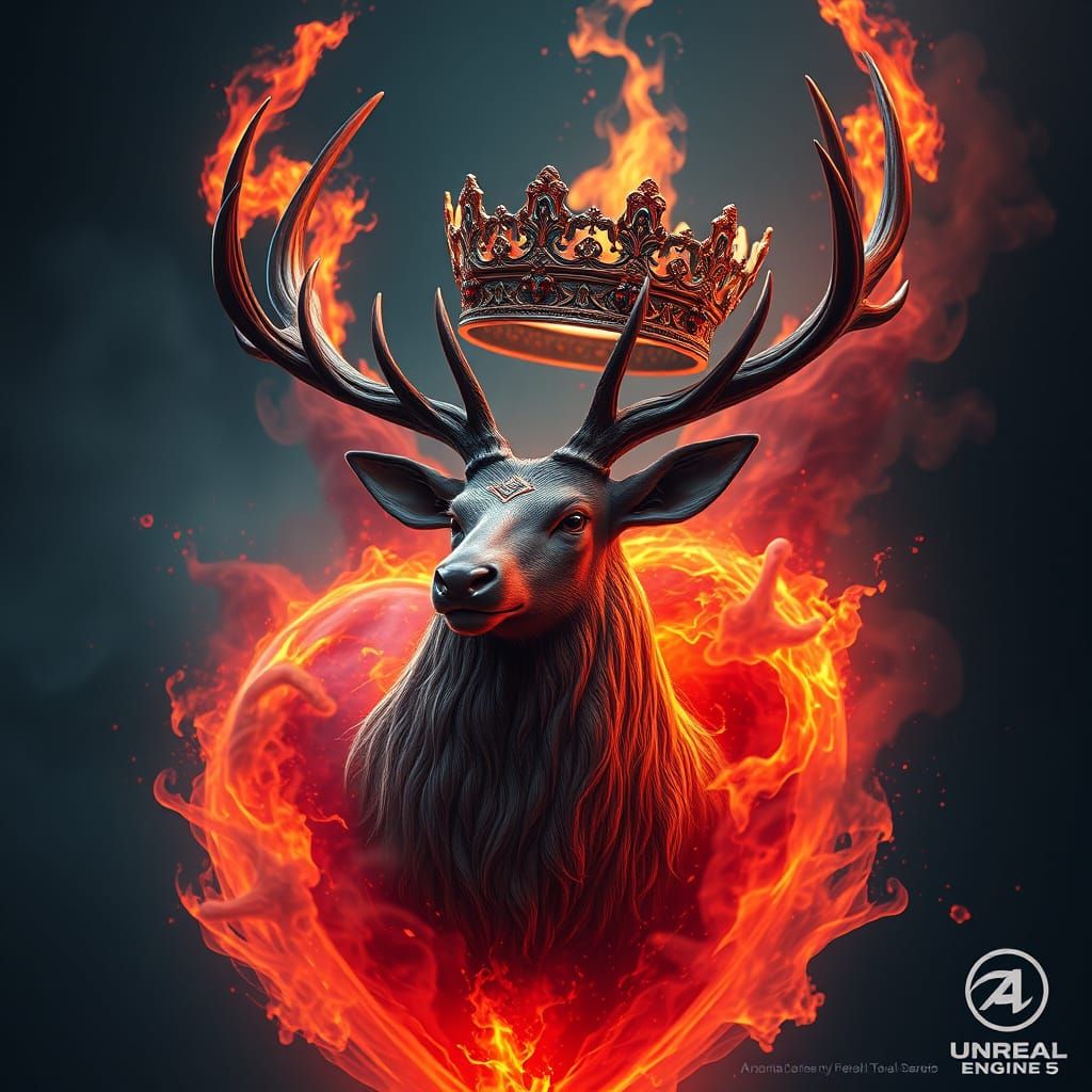 A crowned stag in a flaming heart - Regal Stag Enveloped in ...