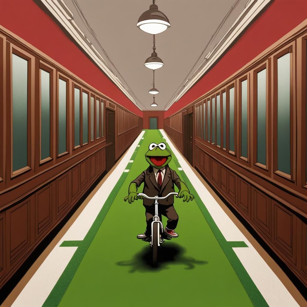Kermit the frog on a bike in the corridor. The feeling from The Shining ...