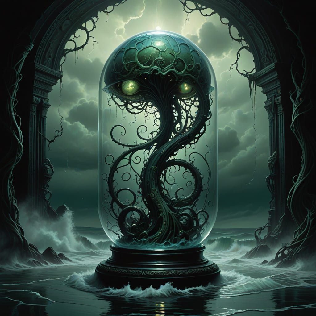 Glass Ampulla in Dark Fantasy Sea with Biomechanic... - AI Art