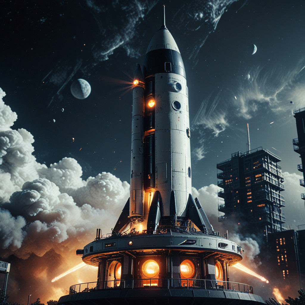 "Futuristic VTOL Rocket Ship during Take off Pre-Flight Engine Start Phase"