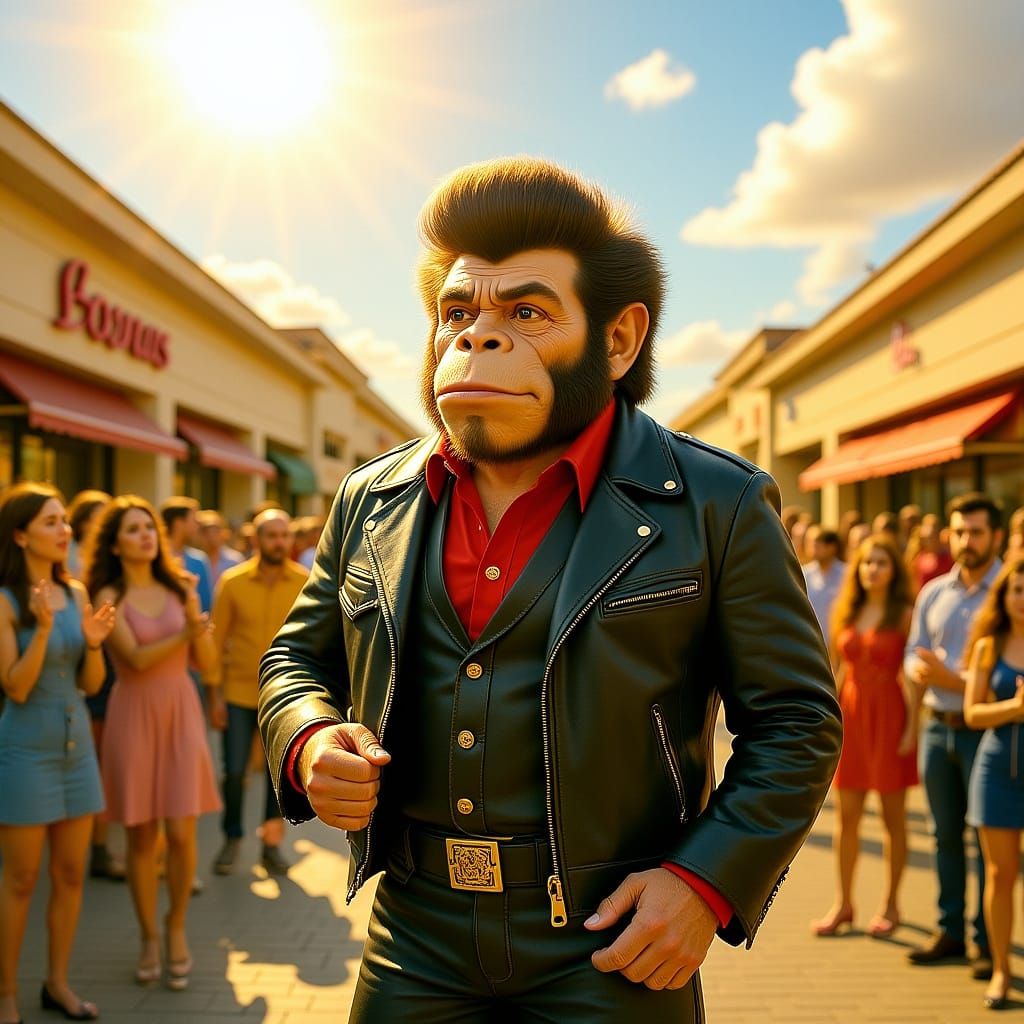 Elvis Chimp Busker Captivates Mall Crowd - AI Art