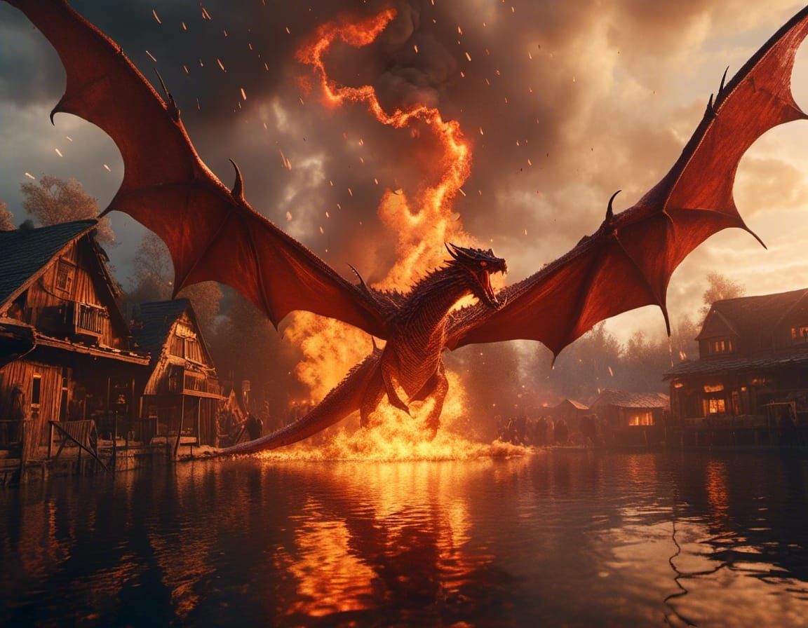 Angry flying Smaug breathing ferocious fire, incinerating a wooden ...