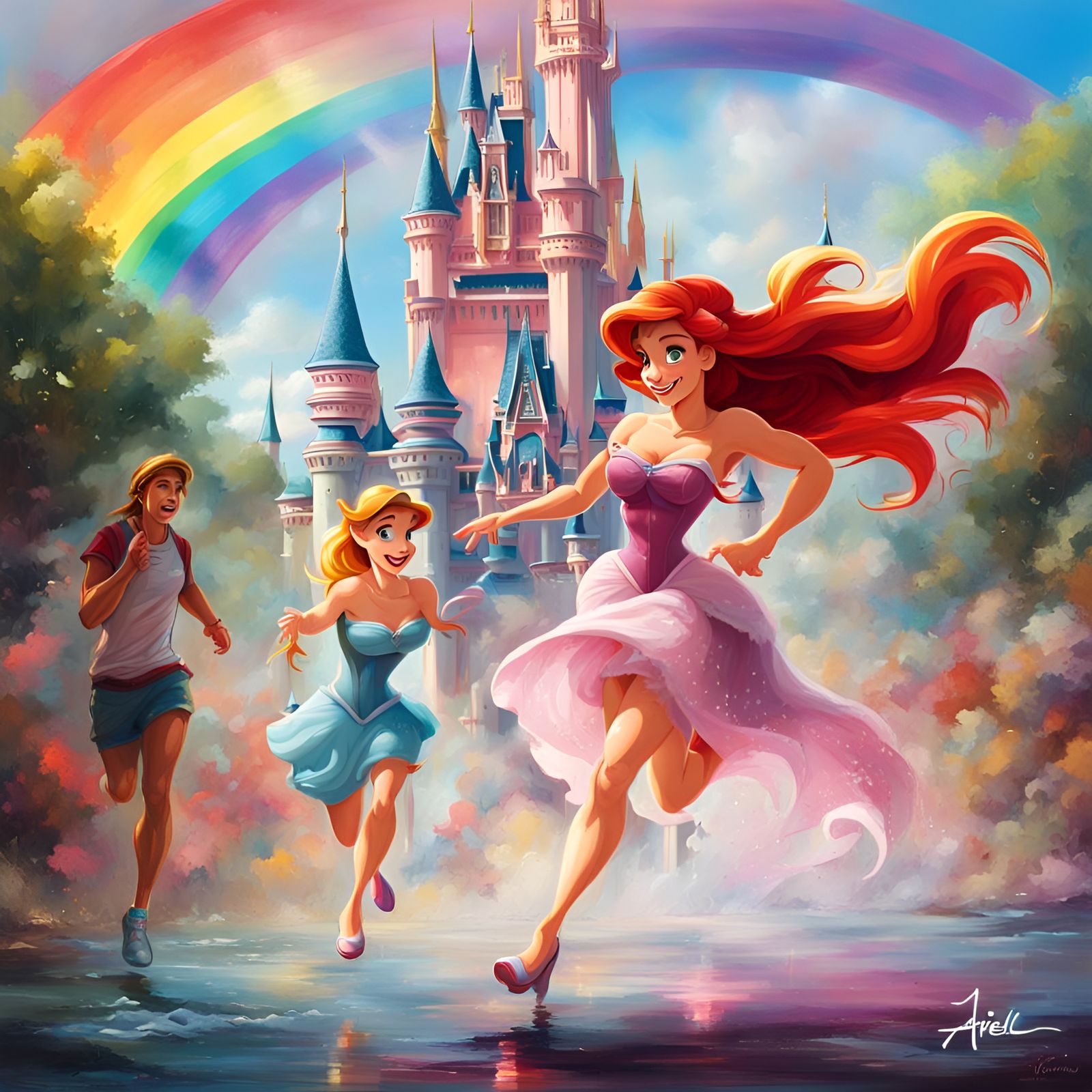 Ariel running a marathon with Cinderella in Disney world, Disney castle ...