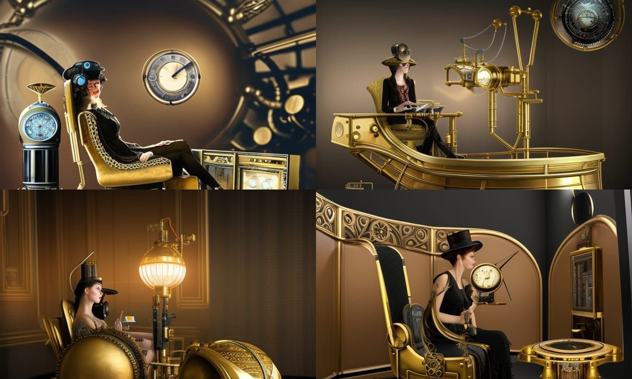 An intricately detailed Steampunk Time Machine with a large brass chair ...