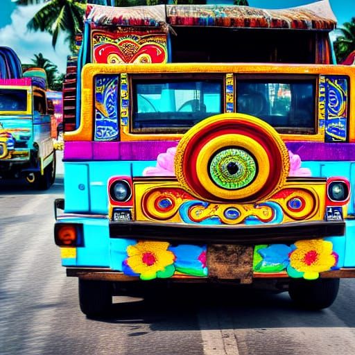 decorated jeepney on road full of vehicles. Philippines. midday ...