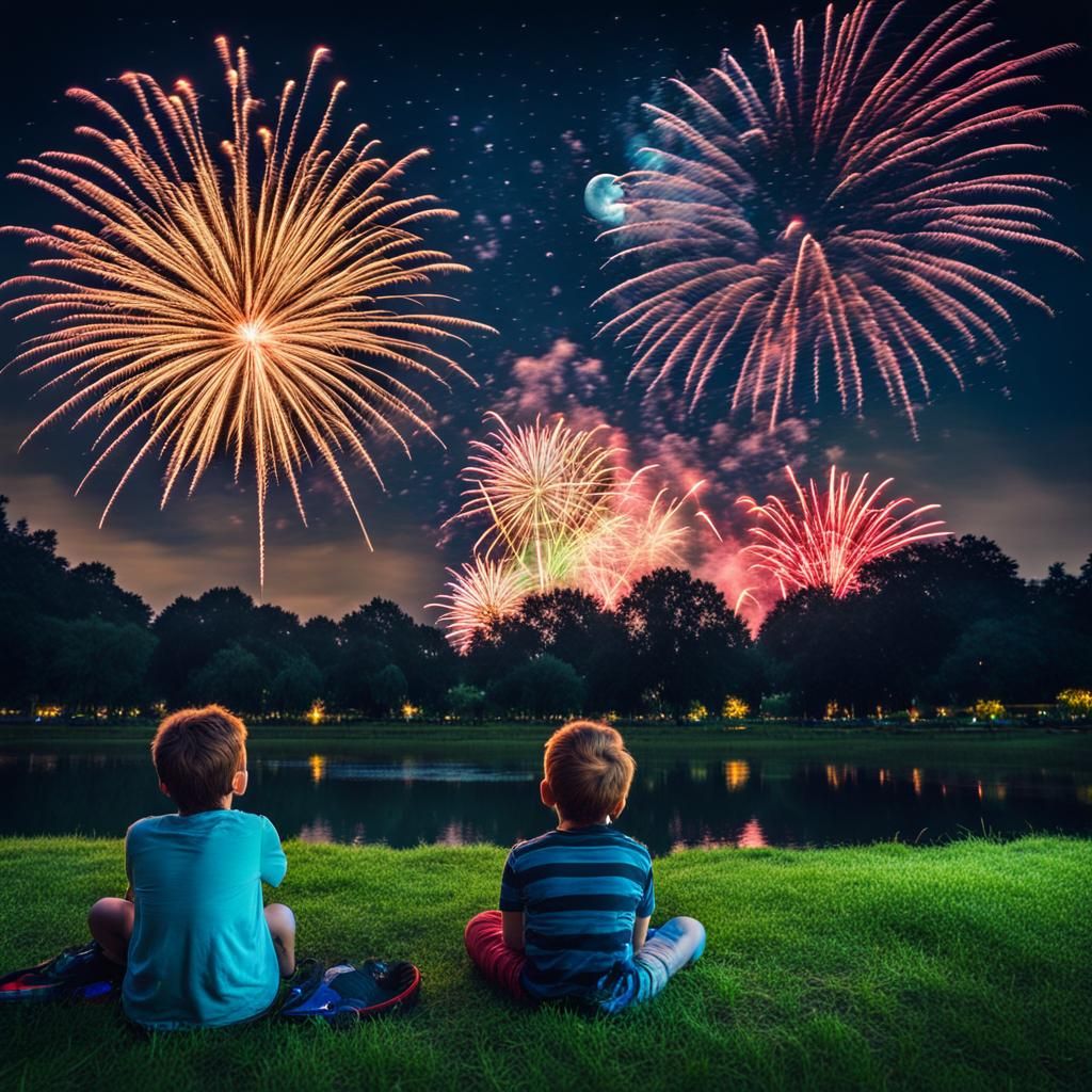 Two kids watching fireworks - AI Generated Artwork - NightCafe Creator