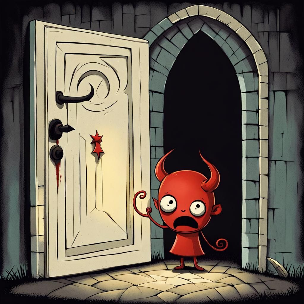 A childish devil entering a fantastical doorway to another dimension ...