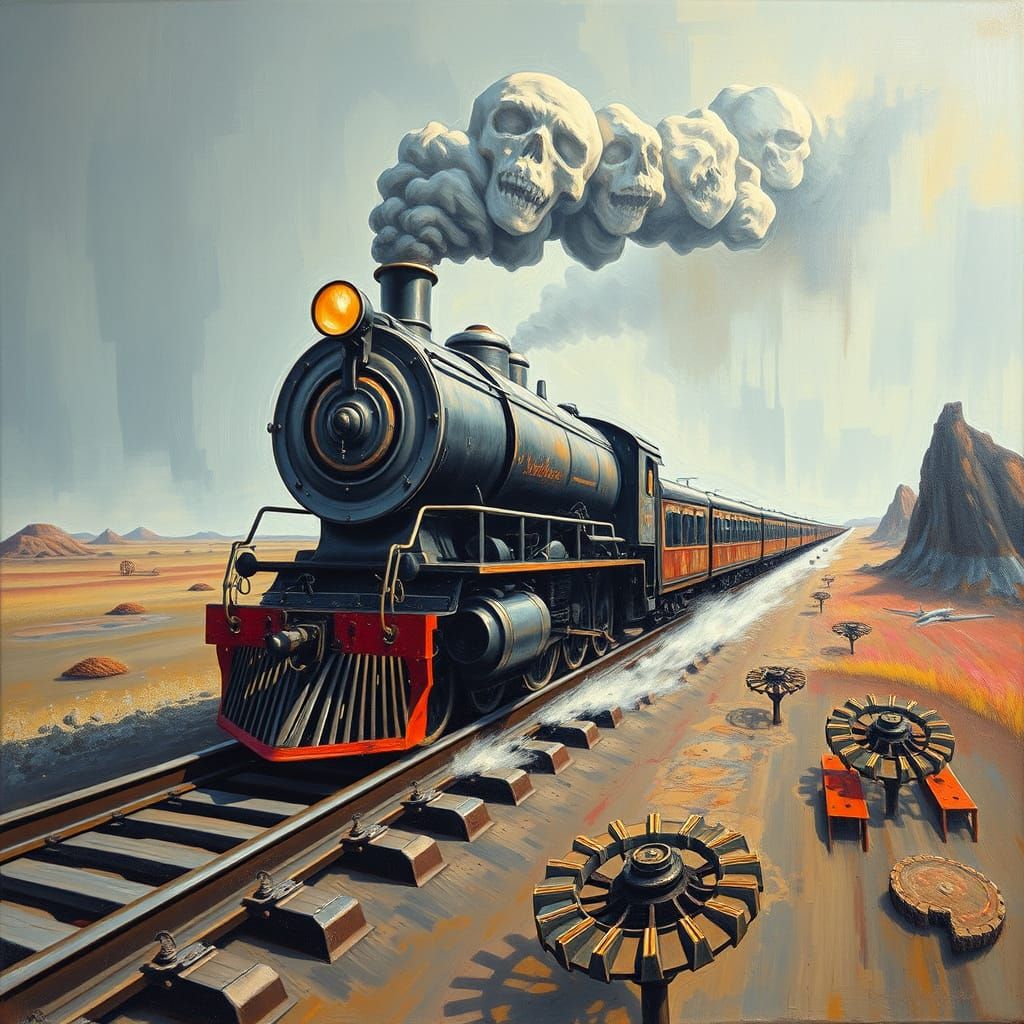 Surreal Locomotive Rushes Along Twisted Rails in a... - AI Art