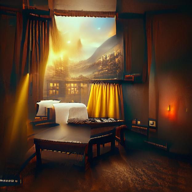 Lonely dim hotel room beautifully lit Albert Bierstadt (2) [8K 3D 8k ...