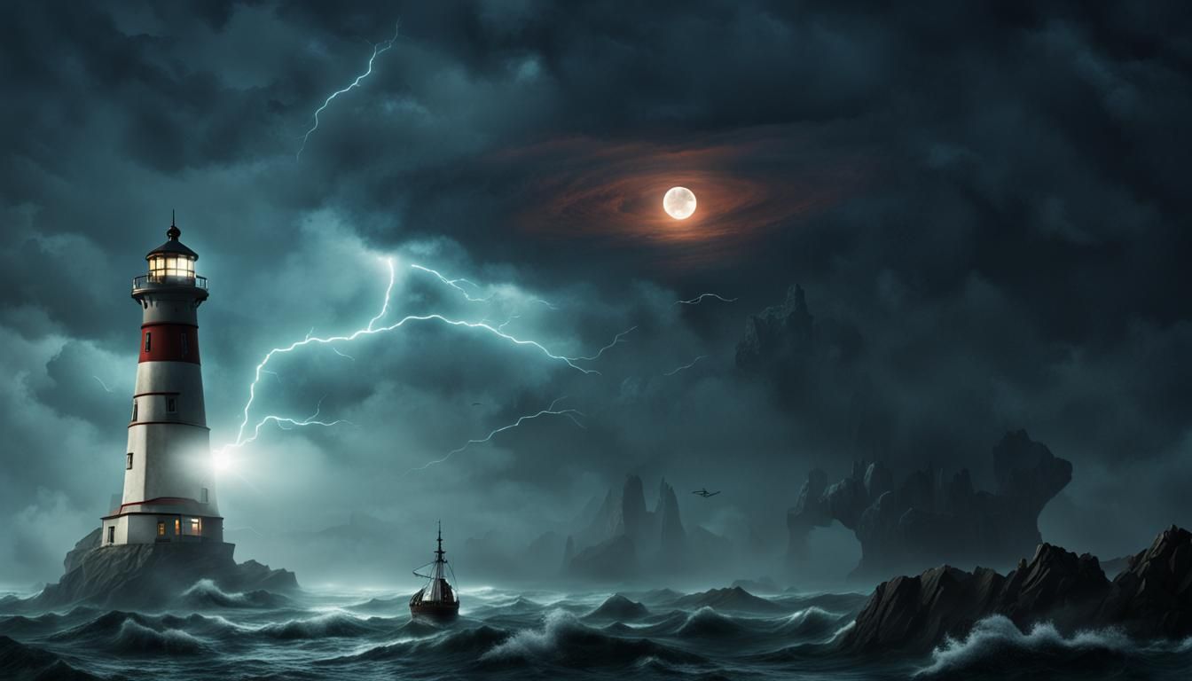 A lighthouse guiding ships in a stormy night on an alien planet - AI ...