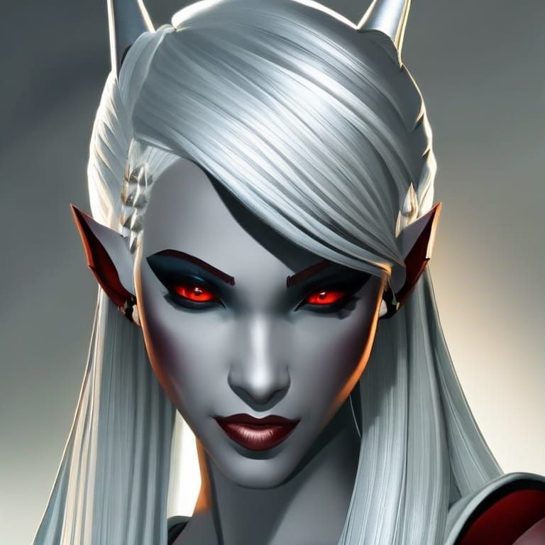 Beautiful, Drow Elf, Woman, Black skin, white hair, red eyes, hyperrealistic, elf ears, long ...