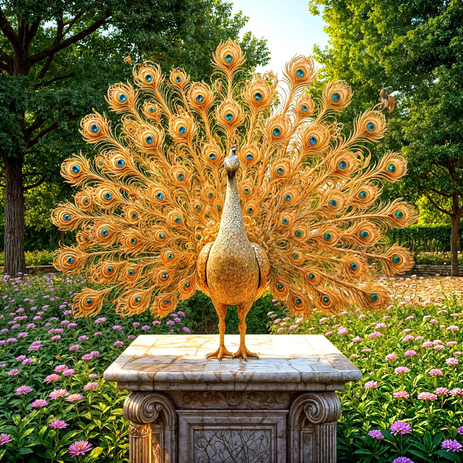 The Gold Peacock - Luxurious Golden Peacock Sculpture in Eng...