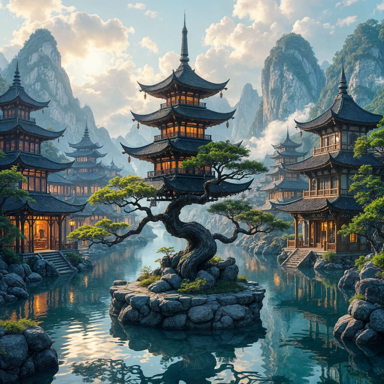 Peaceful Bonsai Treehouse Village - Ethereal Solarpunk Villa...