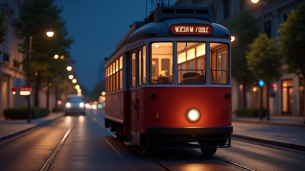 Abandoned Tram Caboose at Night in Neon Cityscape - AI Art