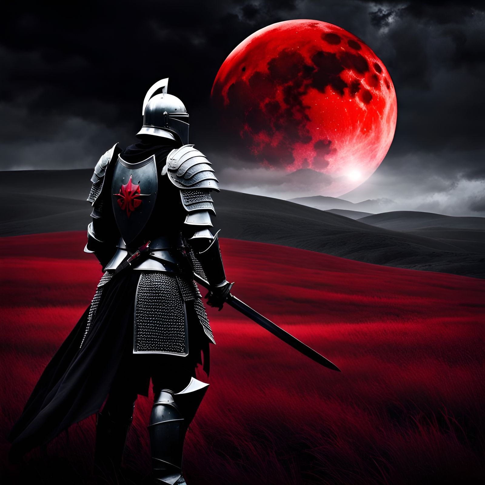 knight on a battlefield with a red moon in the night, alone, full armor ...