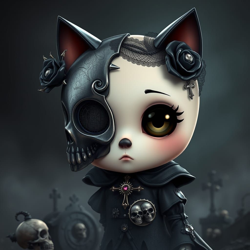 A hyper-realistic, intricately detailed Gothic chibi character with a ...