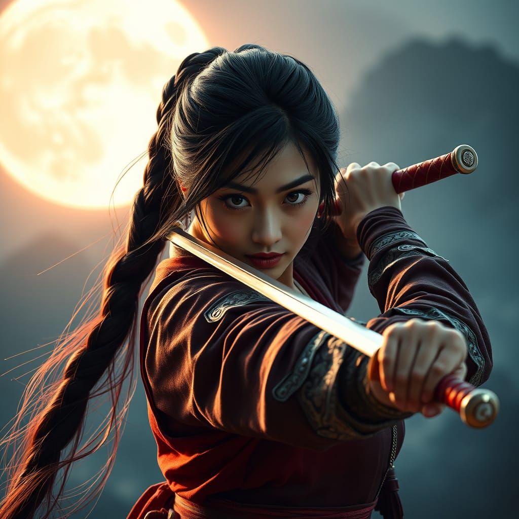 "A Hyper realistic stunning Mulan princess stands poised for battle ...