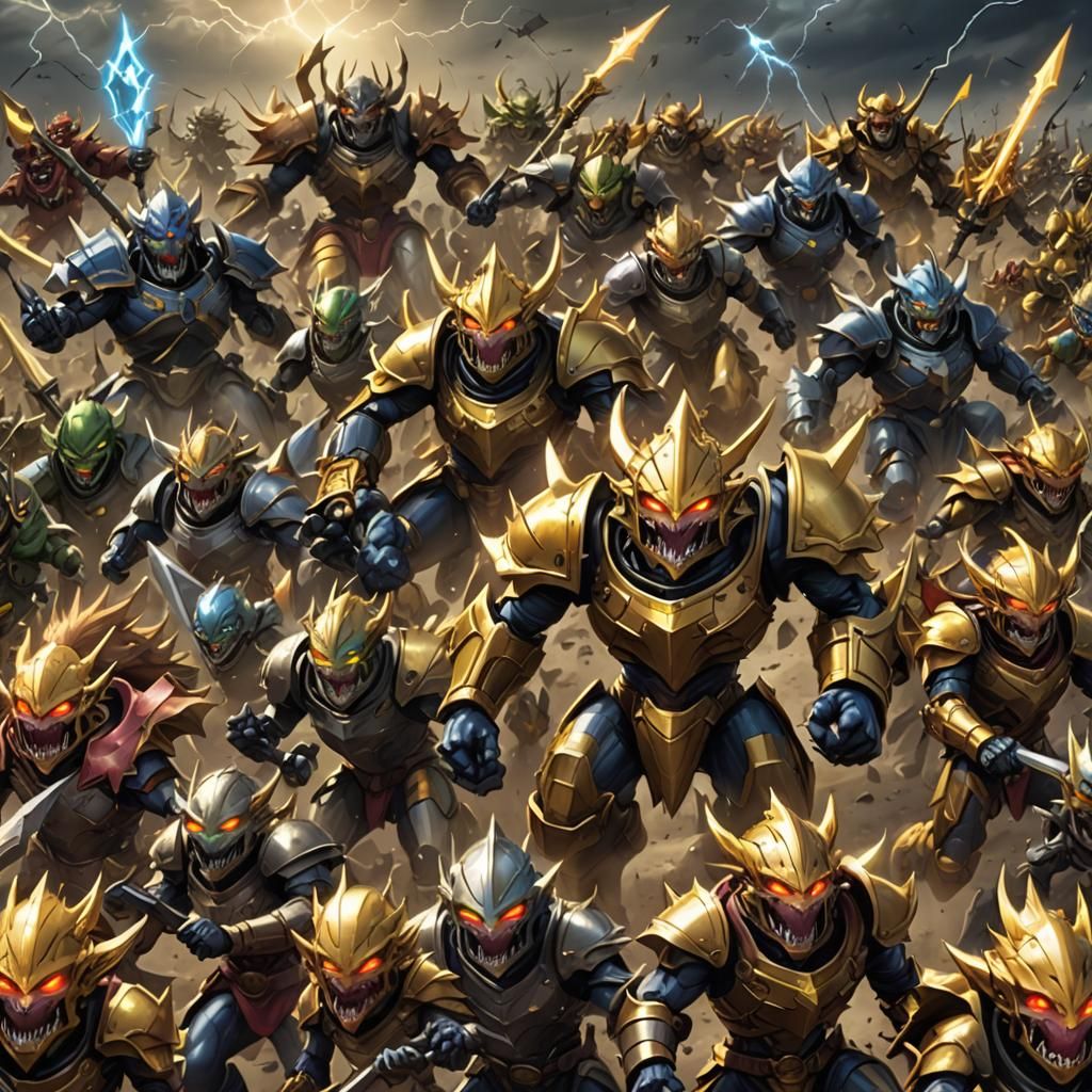 Epic Fantasy Digimon Army Charging Forward in Gold... - AI Art