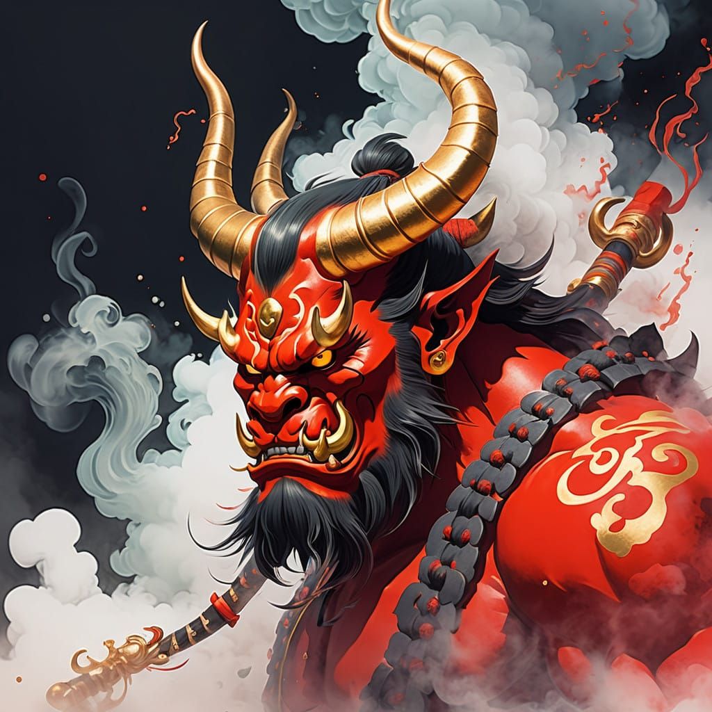 Oni - Japanese Oni Rising Through Smoke in Vibrant Watercolo...