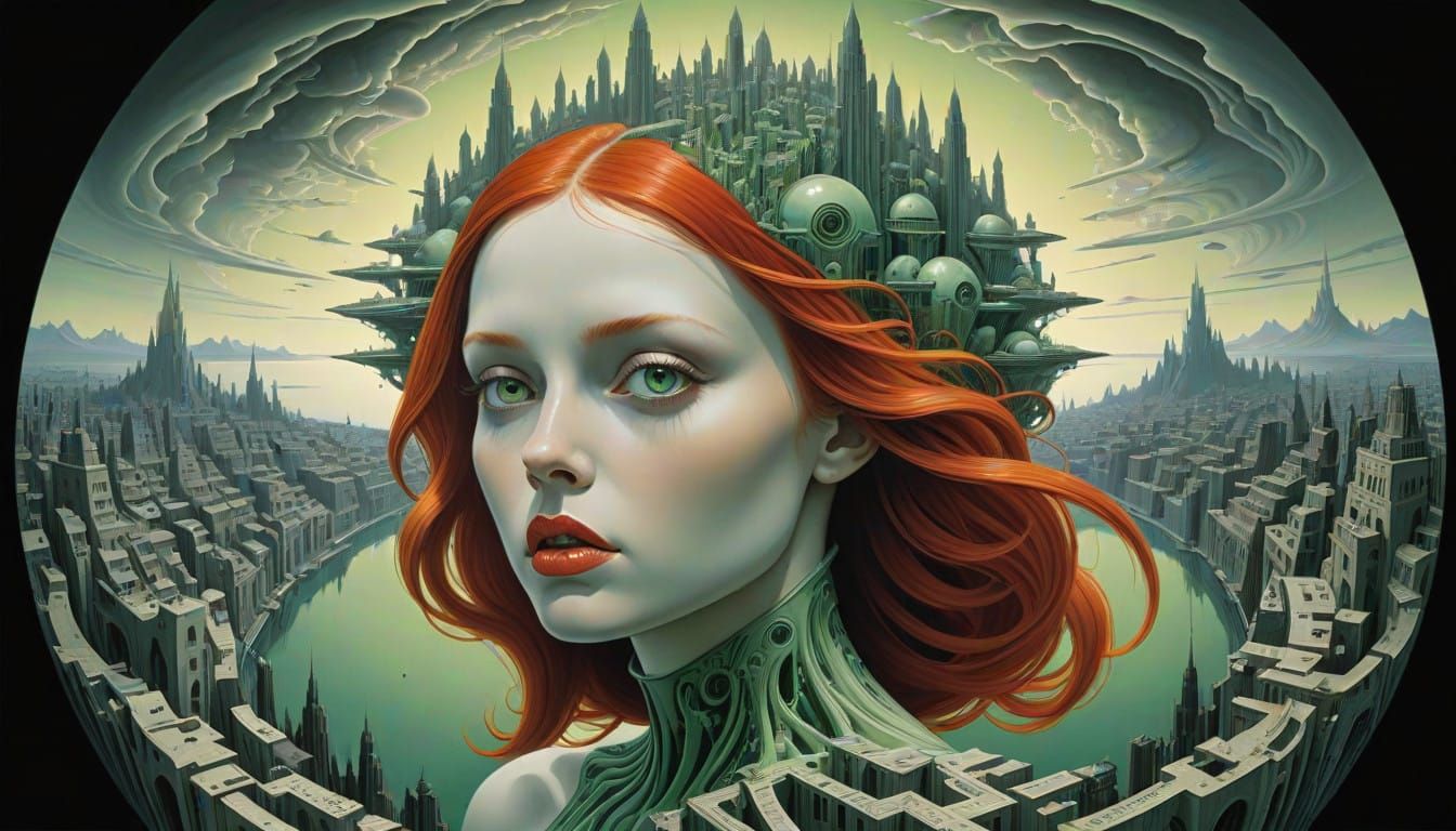 Enigmatic Ophelia in Recursive Cityscape - Kirlian... - AI Art
