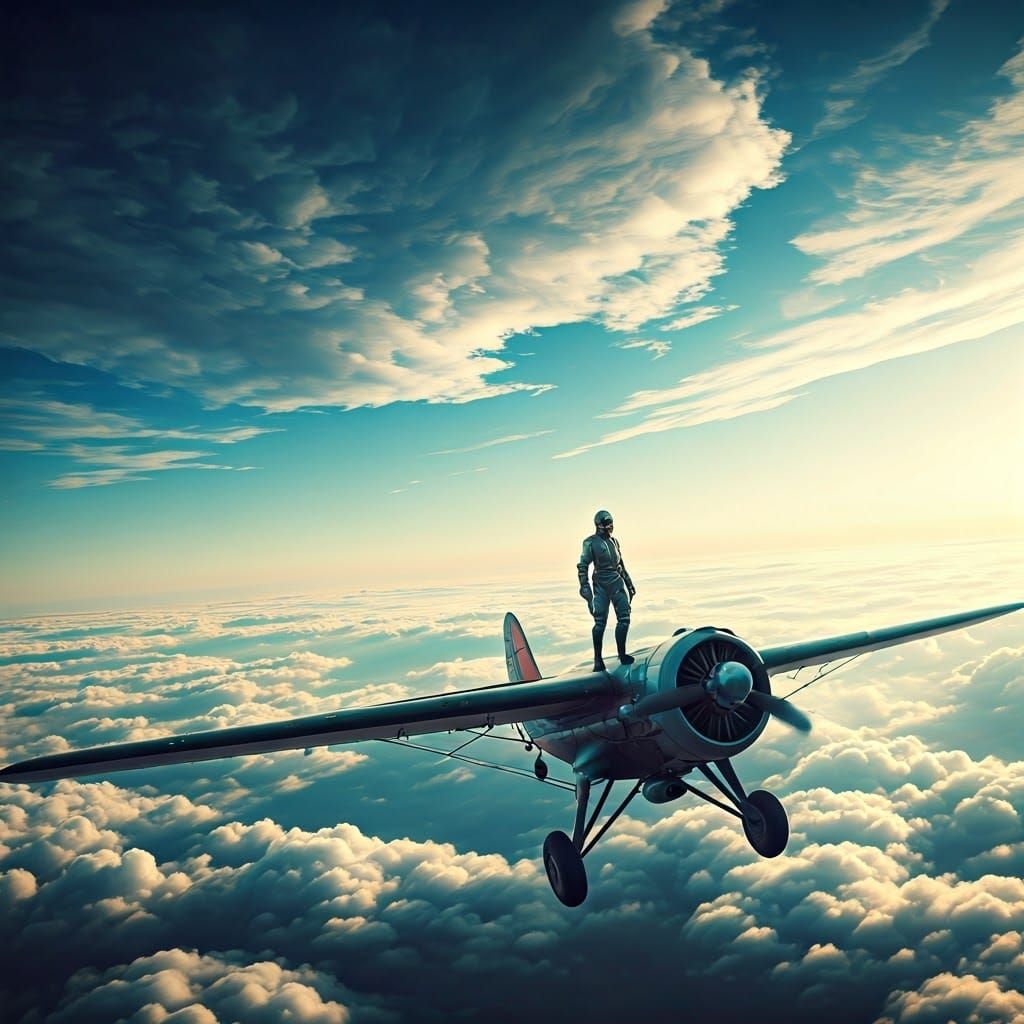 A wing walker on a vintage airplane