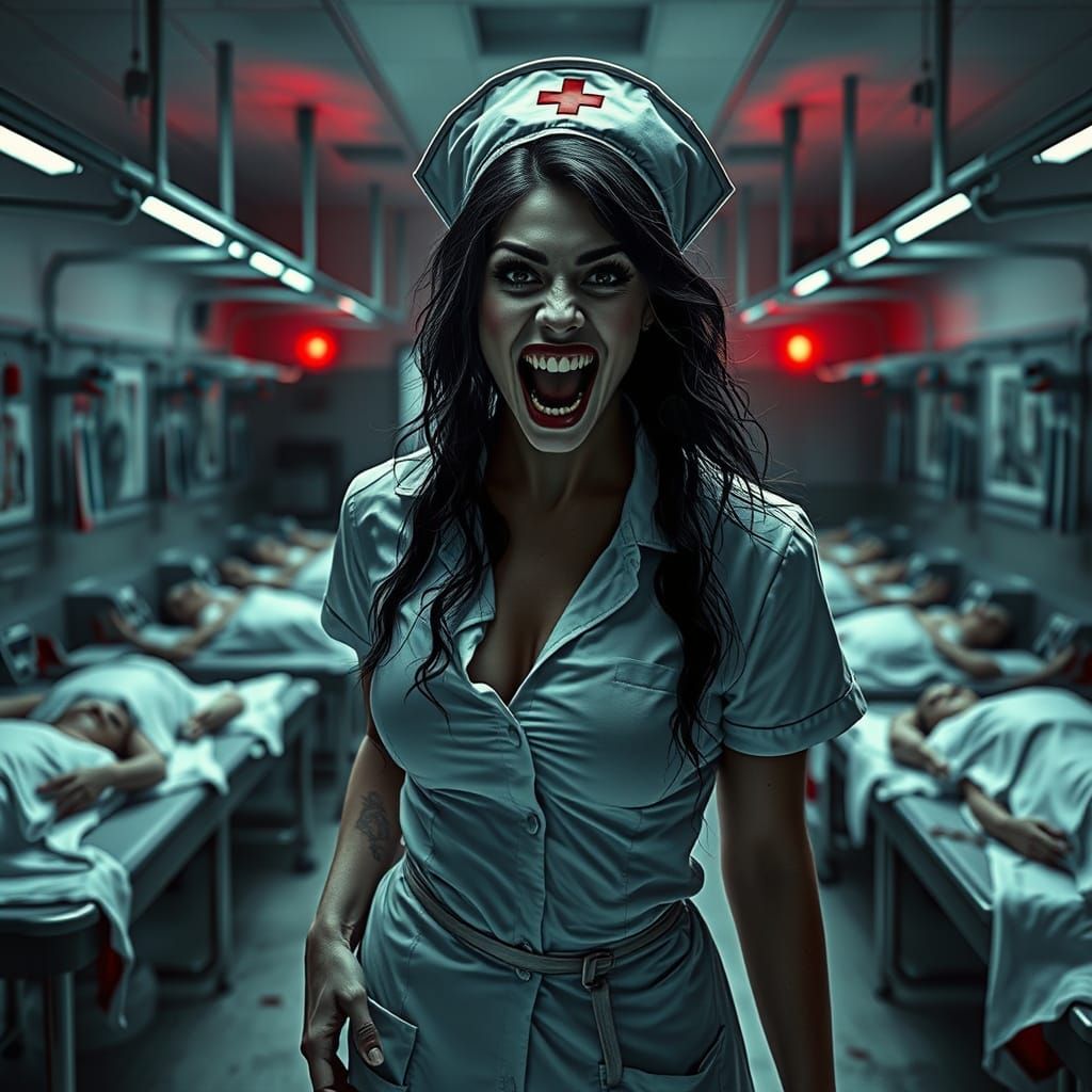 A provocative stunning vampire nurse in a morgue with lots of bodies on ...