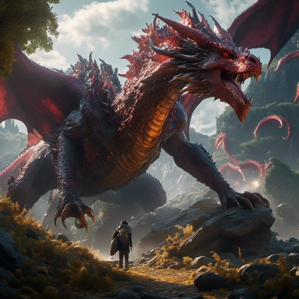 A small man trying to slay by clinging to and ineffectually piercing ...