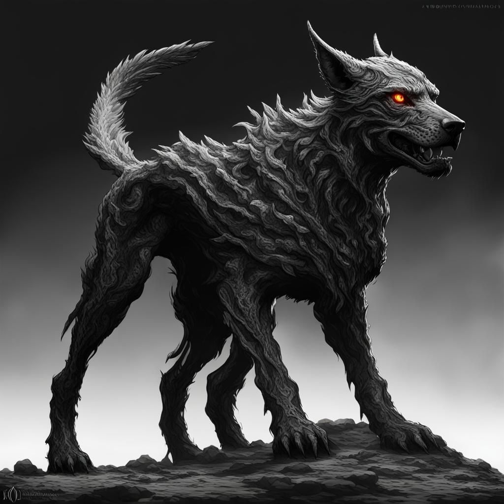 Dark, Portrait, hellhound, quadruped, made of lava, breathing fire, flaming, luminous, details ...