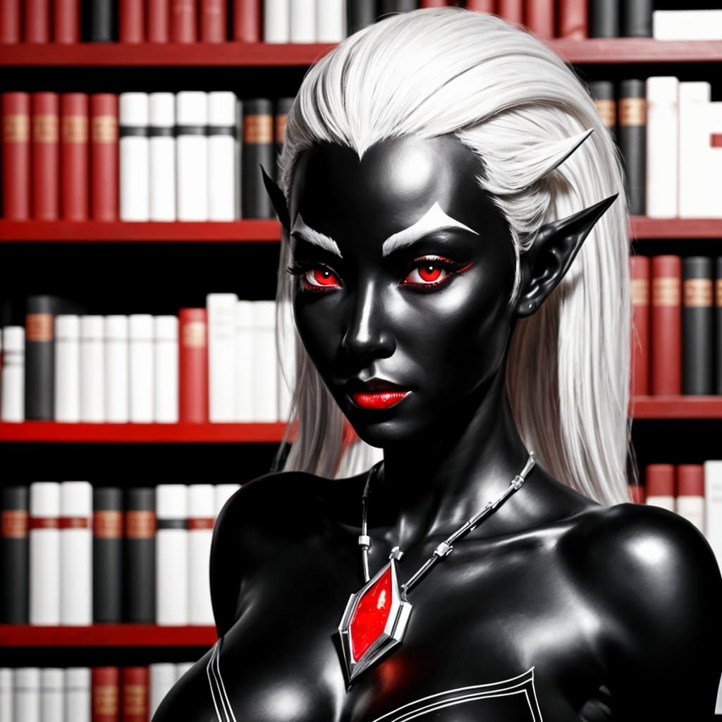 Red eyes. Black skin. Red eyes. A female dark elf drow. In side a wizard's study. Red eyes. Skin ...