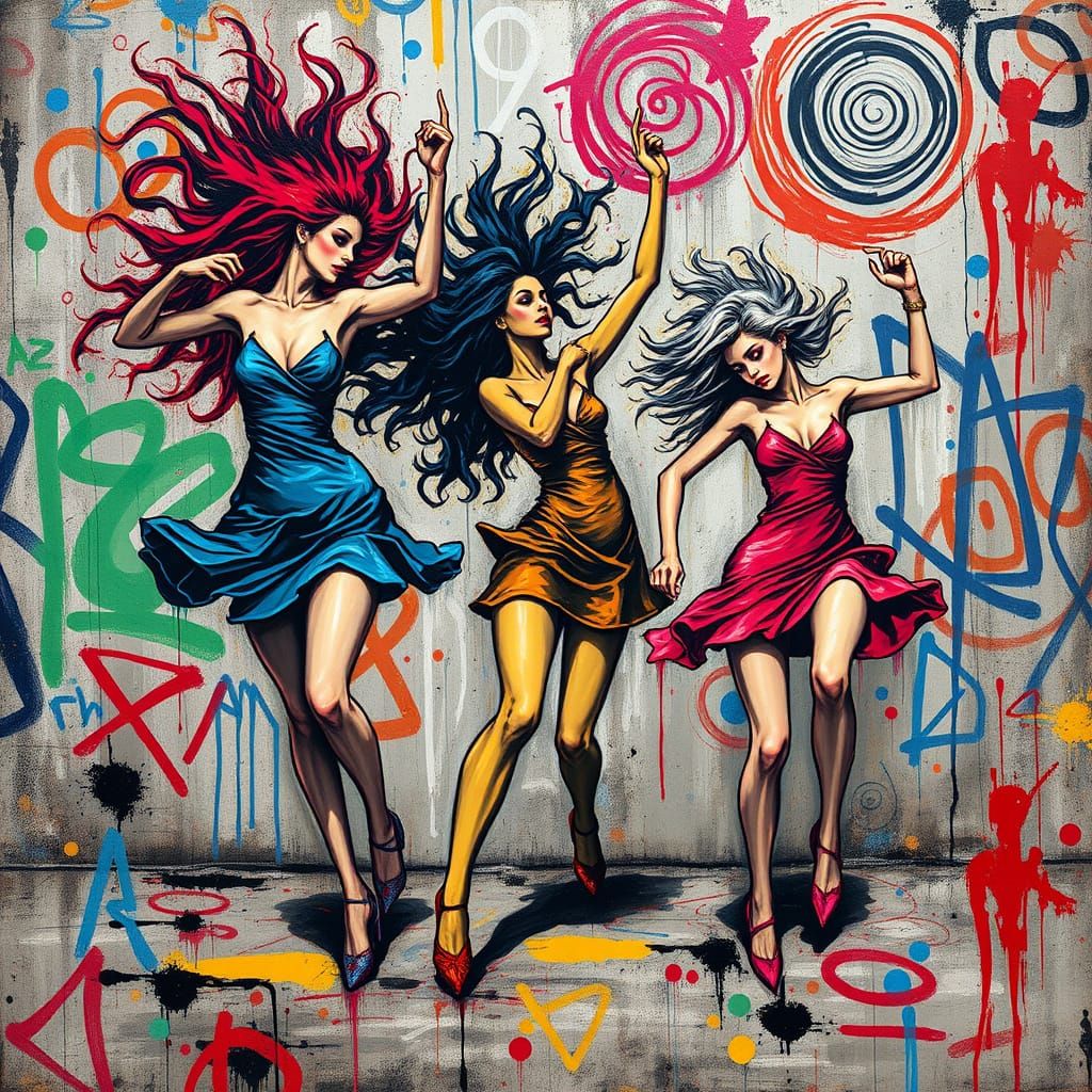 Vibrant Street Art Dancing Girls in Gritty Urban L... - AI Art