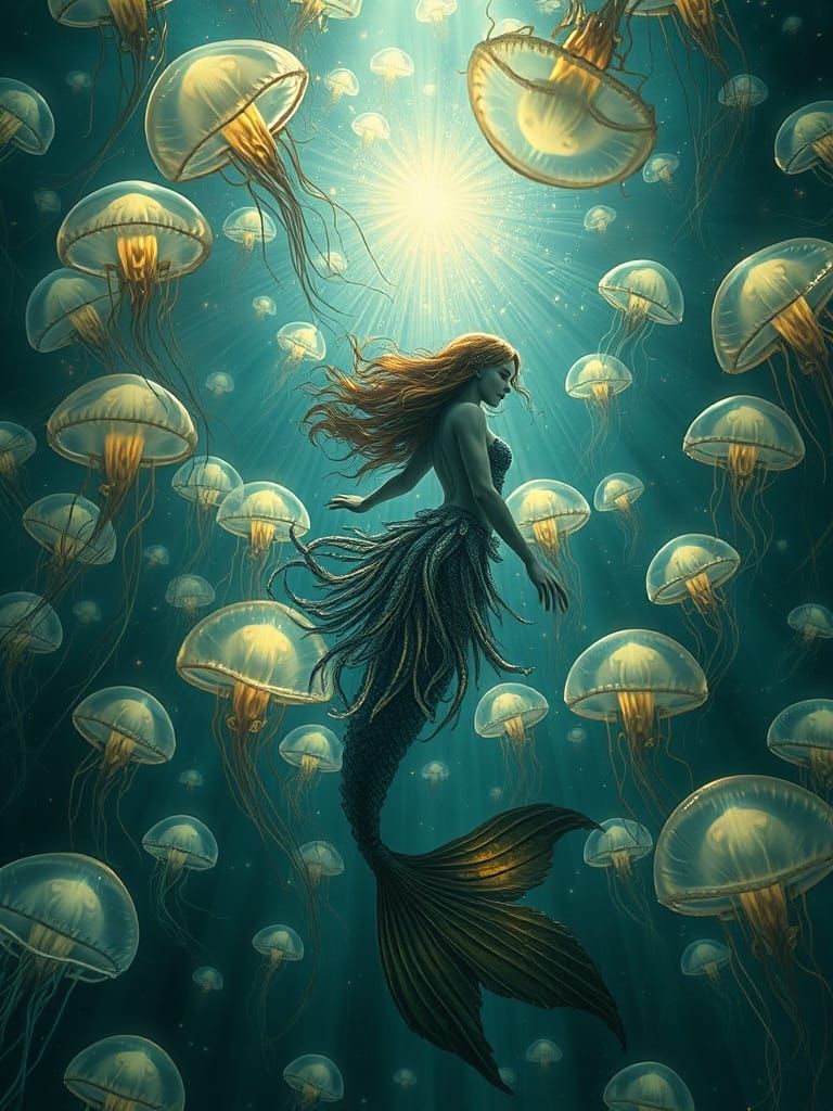A mermaid swimming through an ocean of bioluminescent jellyfish ...