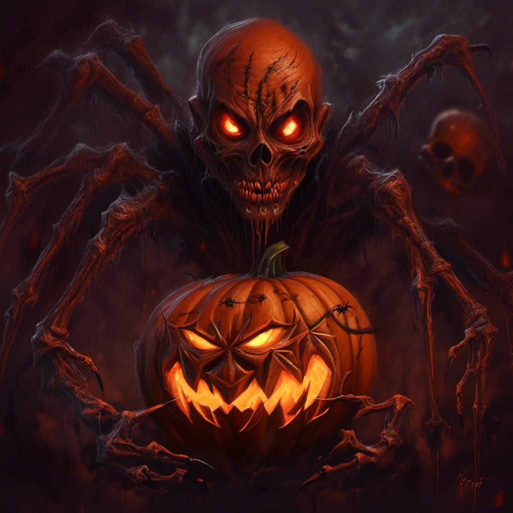 cursed Eerie undead pumpkin with black eyes, undead aura, skin covered ...