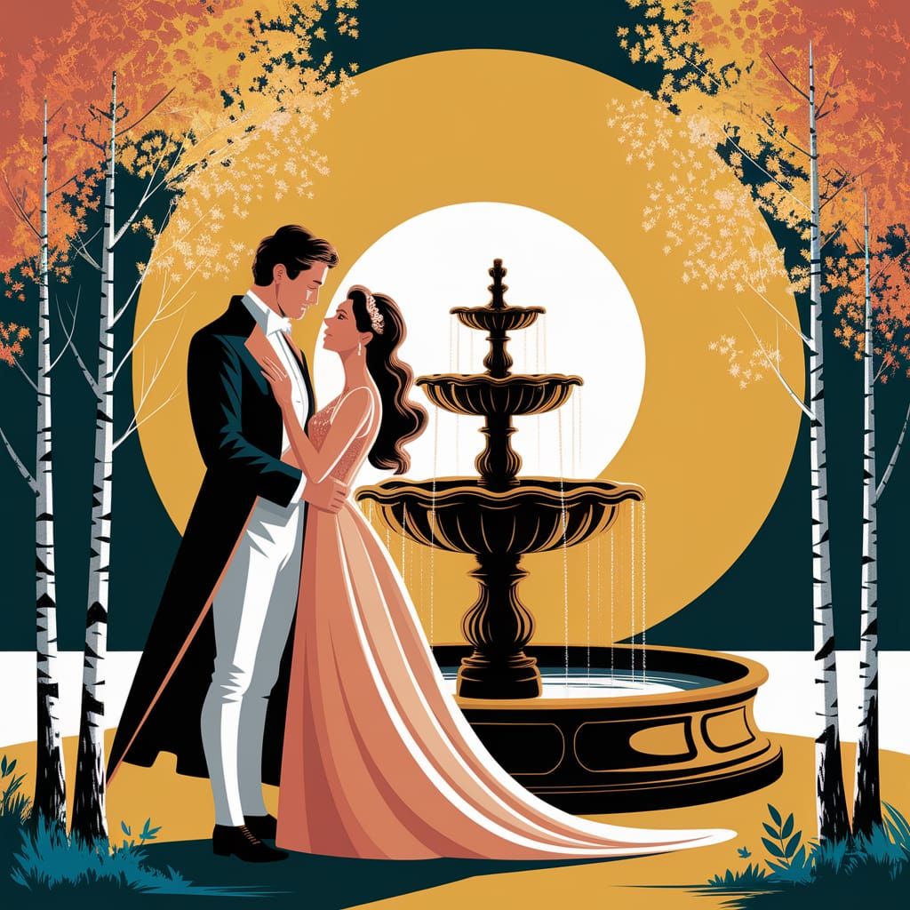 Elegant Count and Countess Embrace under Golden Su... - AI Art