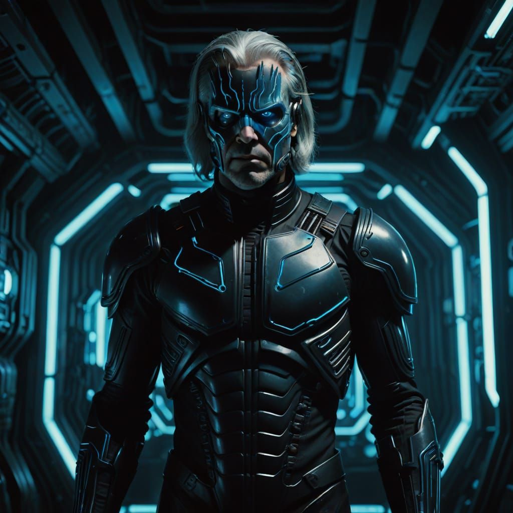Gritty Cyberpunk Hero in Dark High-Tech Lair - AI Art