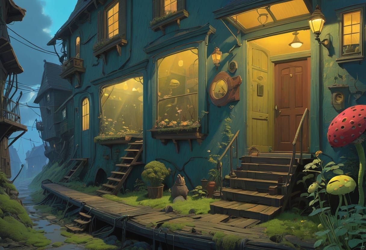 Crowded Village - Fantastical Village Scene in Dreamlike Sty...