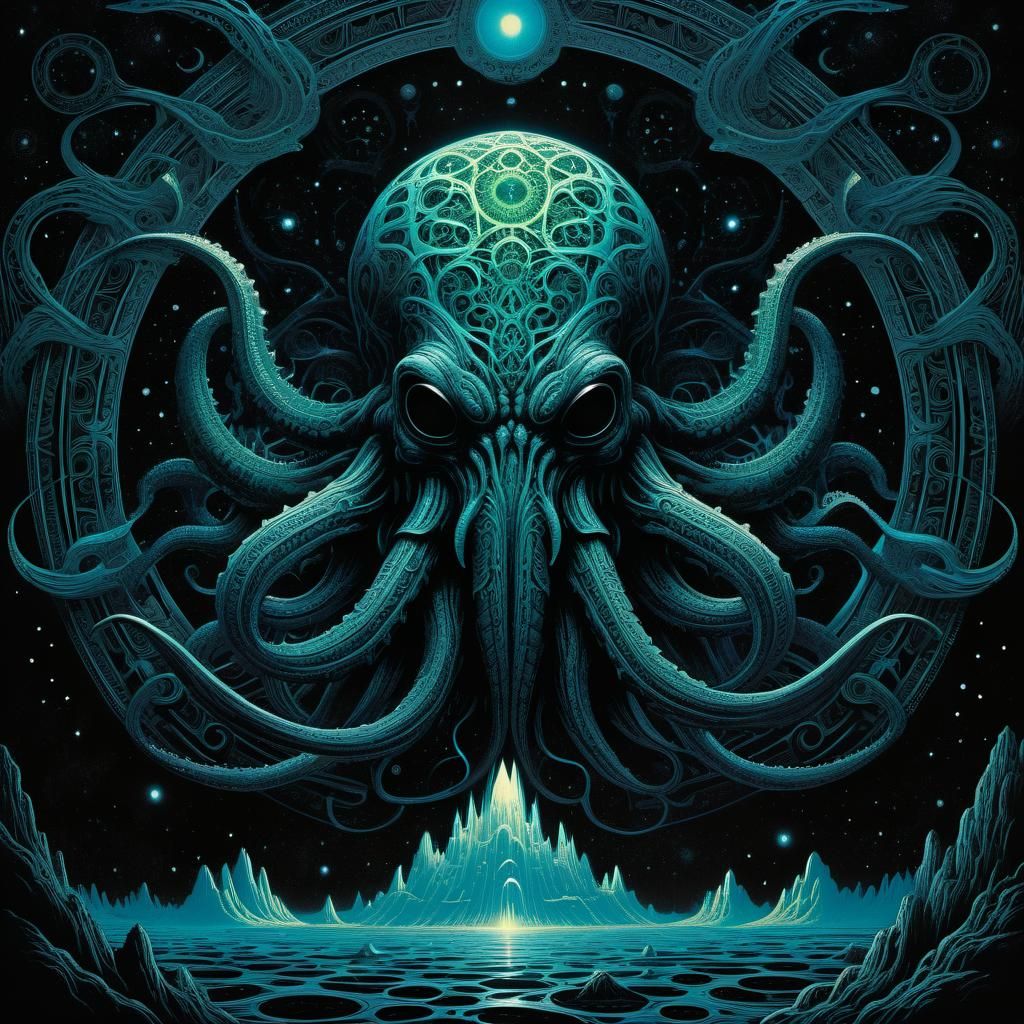 symmetry!!! black paper, intricate cthulhu emerging from black hole ...
