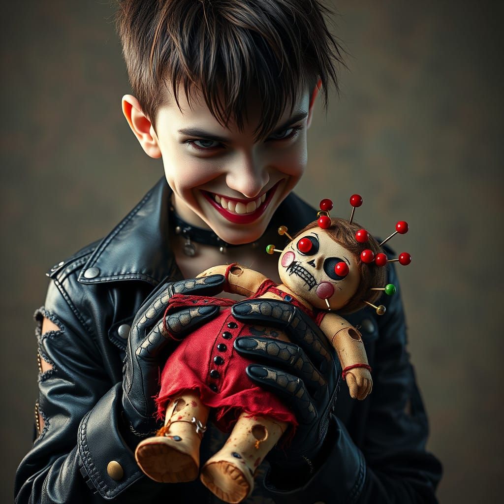 Realistic art A cute looking punk yet evil with a big smirk holding An ...