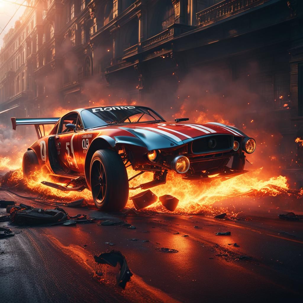 racing car crash with a car on fire - AI Generated Artwork - NightCafe ...