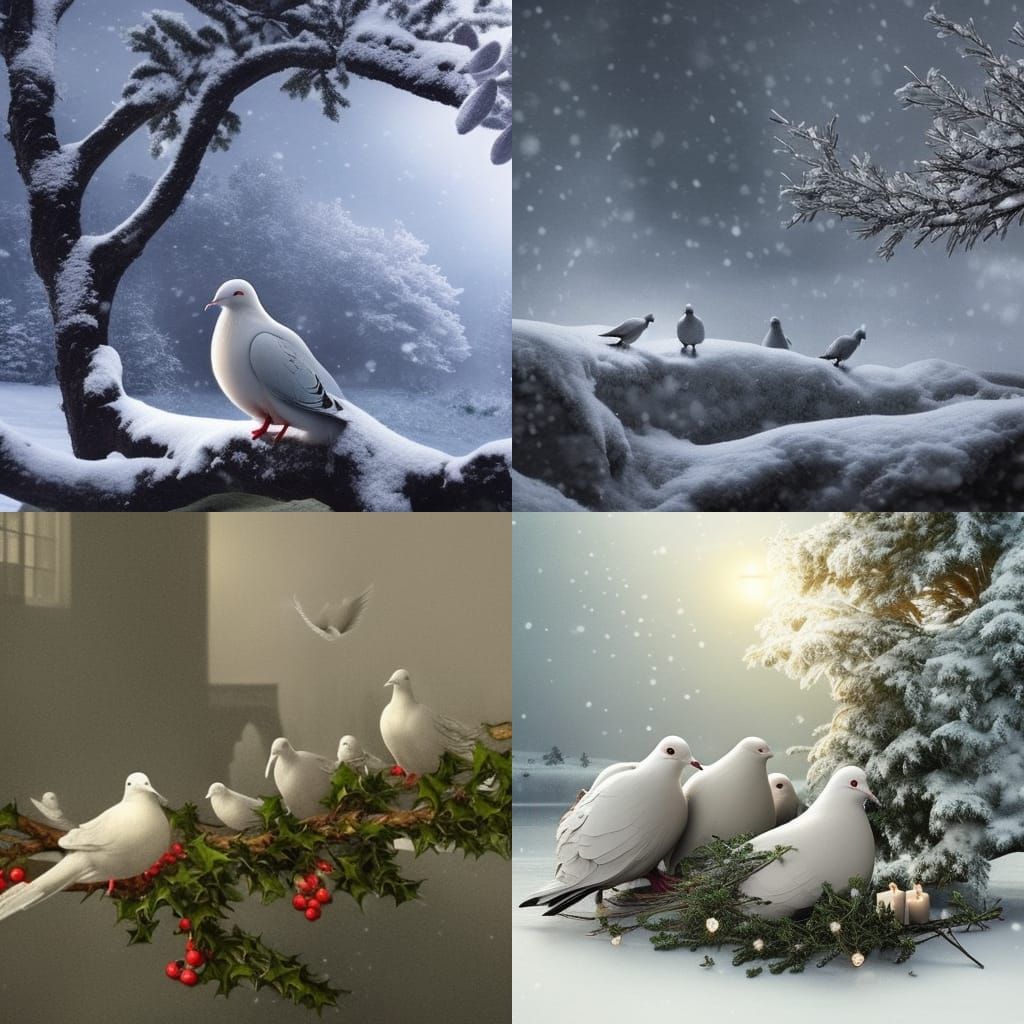 Four doves on a branch of holly - AI Generated Artwork - NightCafe Creator