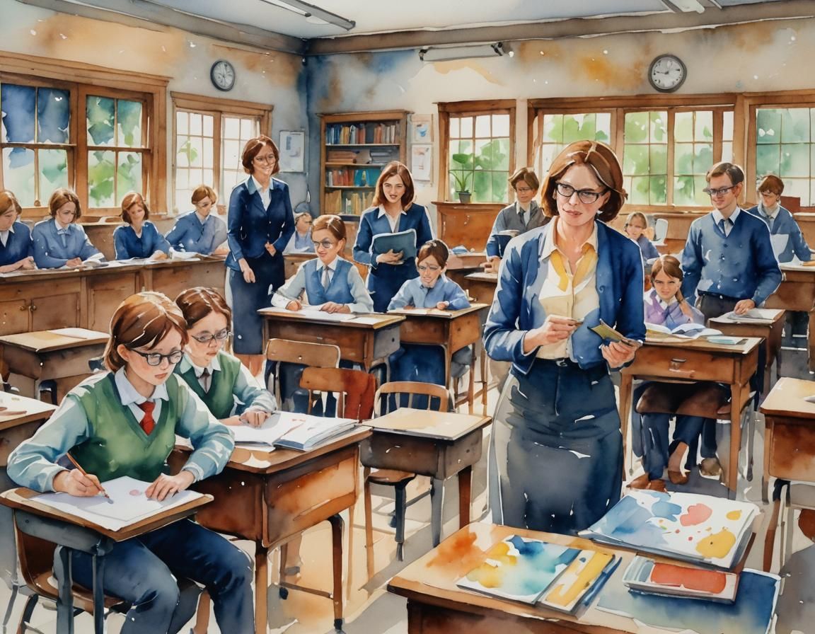 Teacher Confronts Misbehaving Students in Watercol... - AI Art