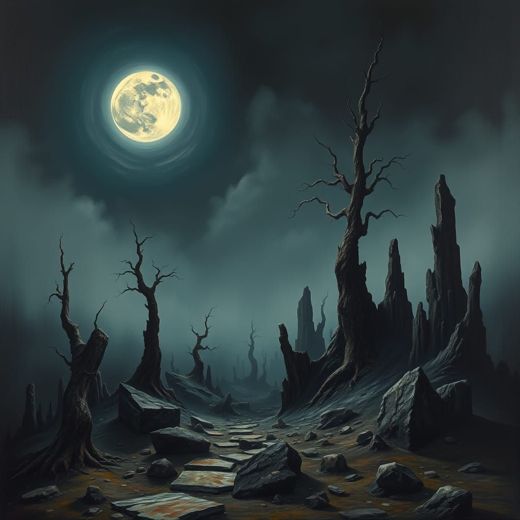 Surreal, Moonlit Landscape in a Distorted, Biomech... - AI Art