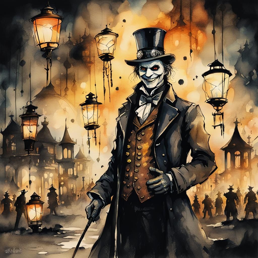 Silhouette - Steampunk Magician in Vintage Ink Painting