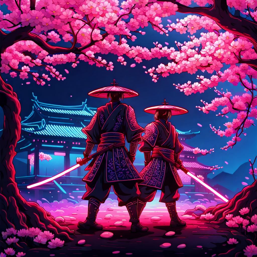 "Neon Samurai Cherry Blossom Duel" Illustrate a dramatic duel between ...